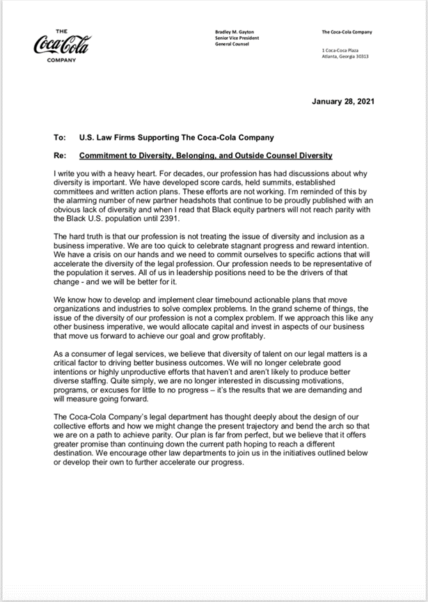 Coca-Cola GC Issues Open Letter on Outside Counsel Diversity Guidelines ...